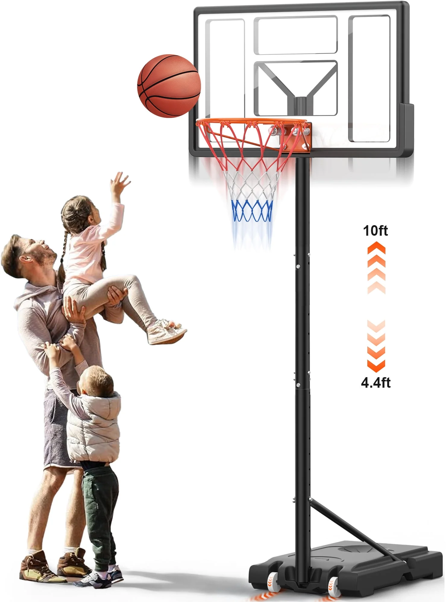 Jorocks 44" Basketball Hoop, 4.4-10ft Height Adjustable Portable ...